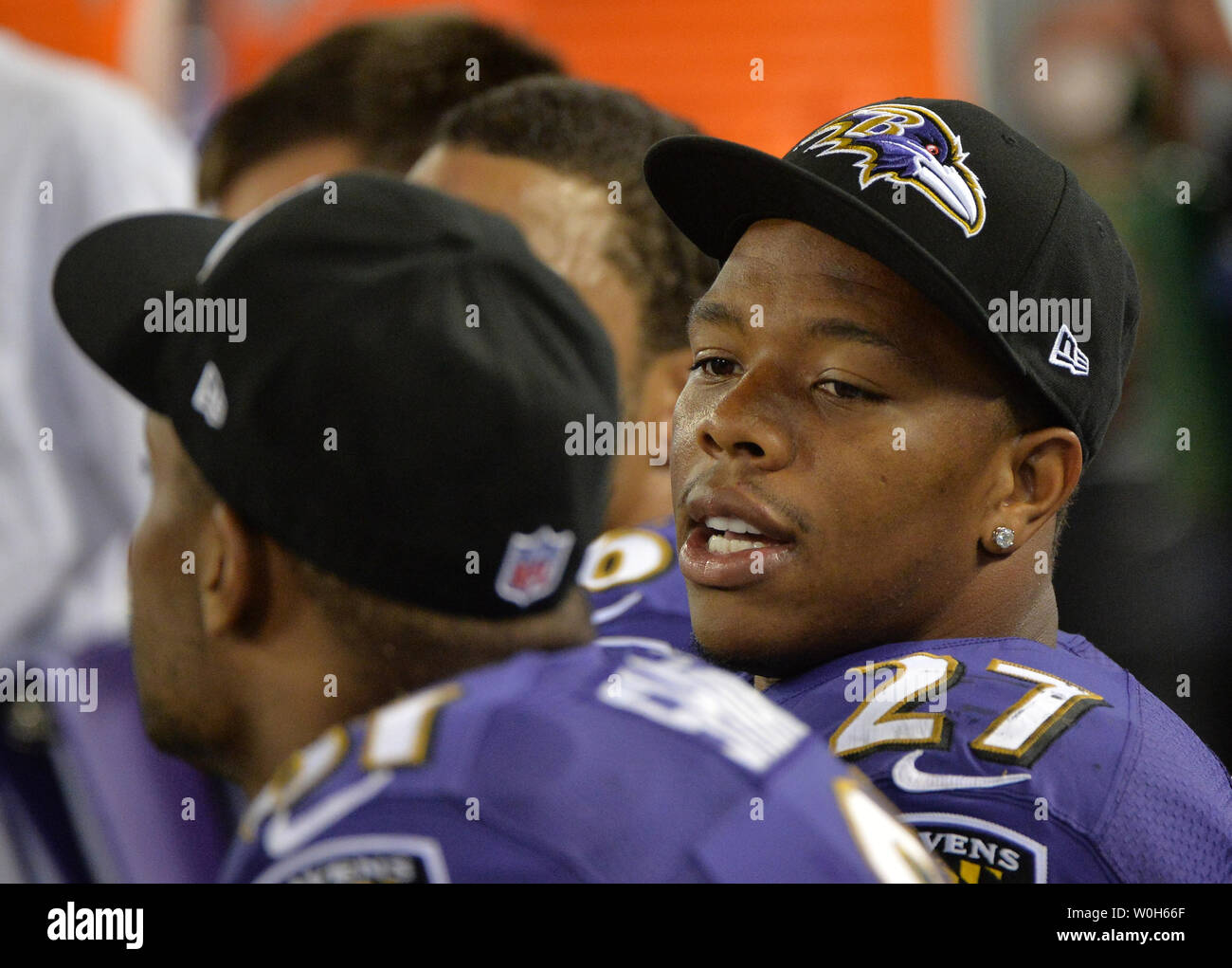Baltimore Ravens running back Ray Rice sits on the bench during the ...