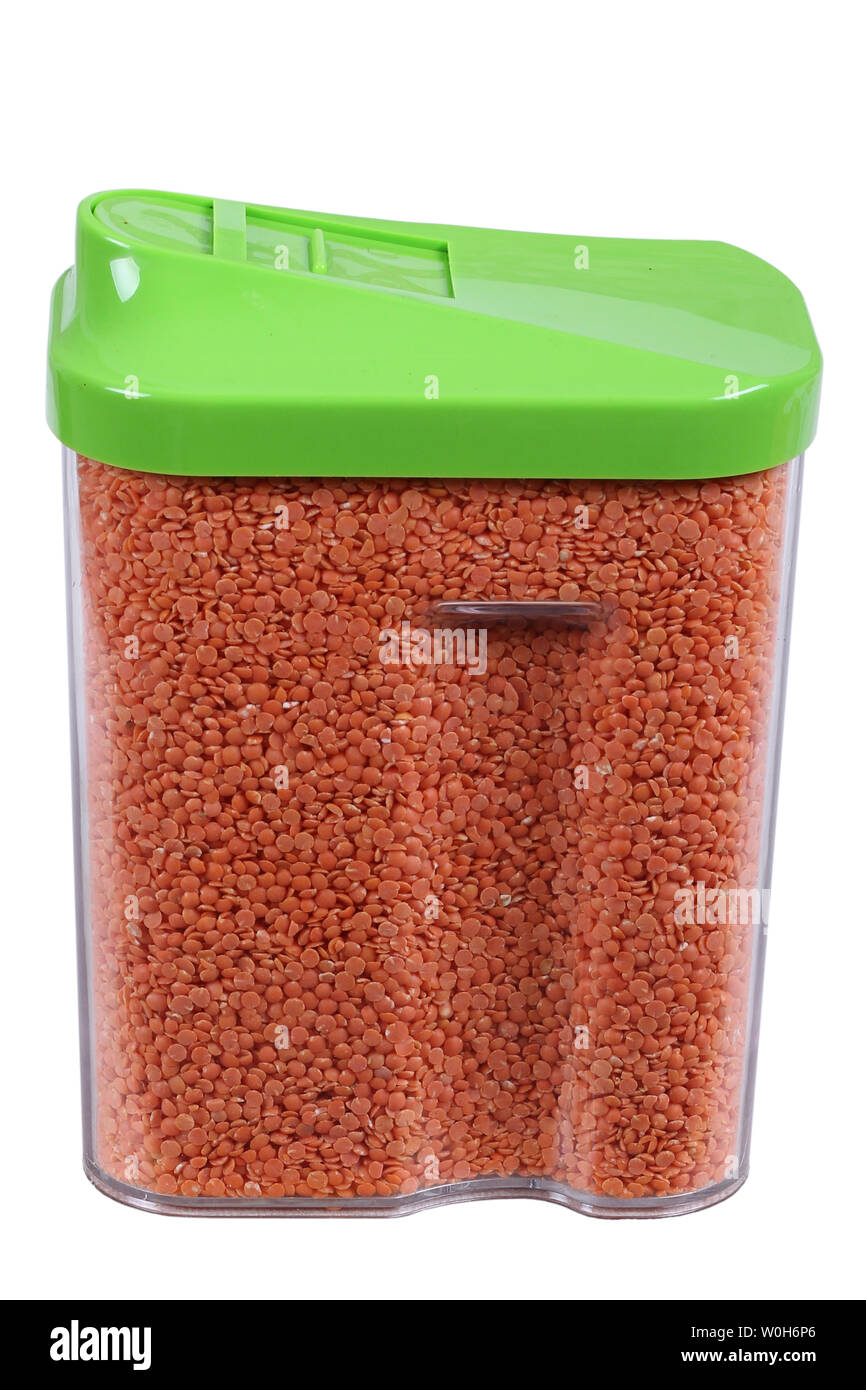 Red lentils in plastic containers Stock Photo - Alamy