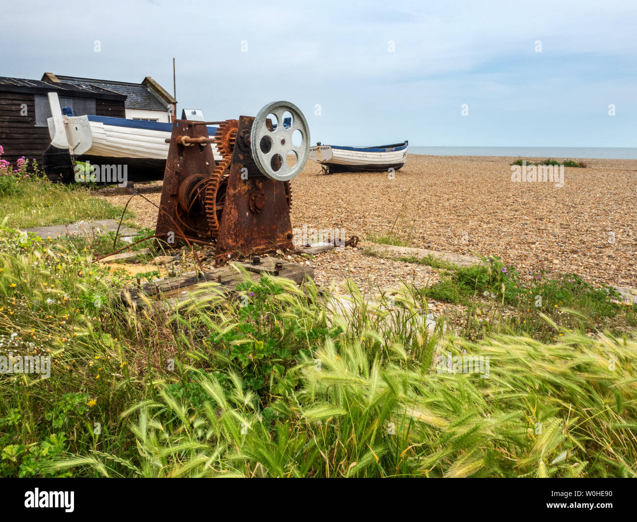 Old fishing boat on the shingle beach at aldeburgh hi-res stock ...