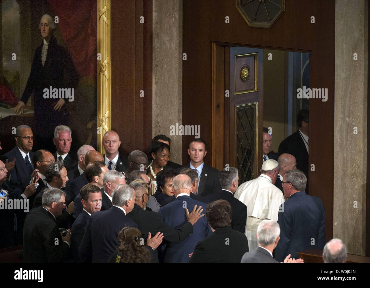 Pope Francis leaves the House Chamber after addressing a Joint Meeting ...