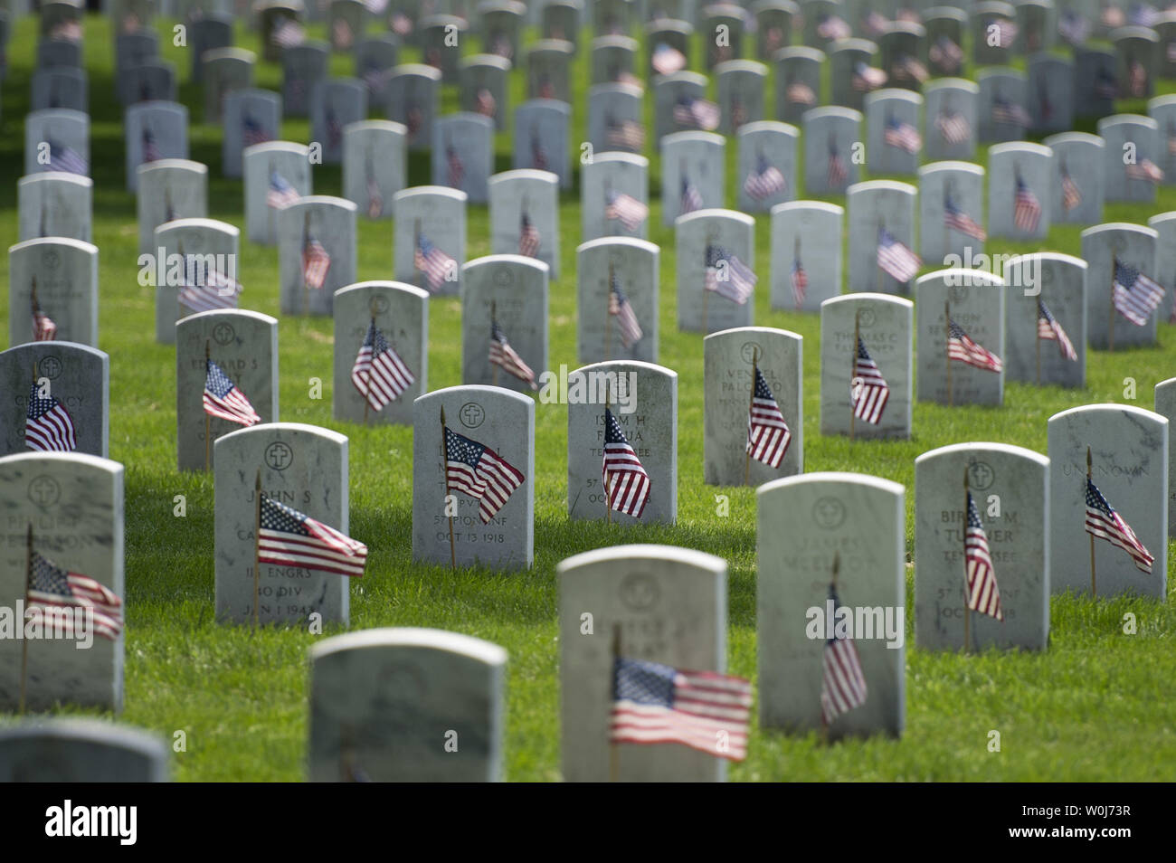 American flags are seen placed at a grave marker as part of the annual ...