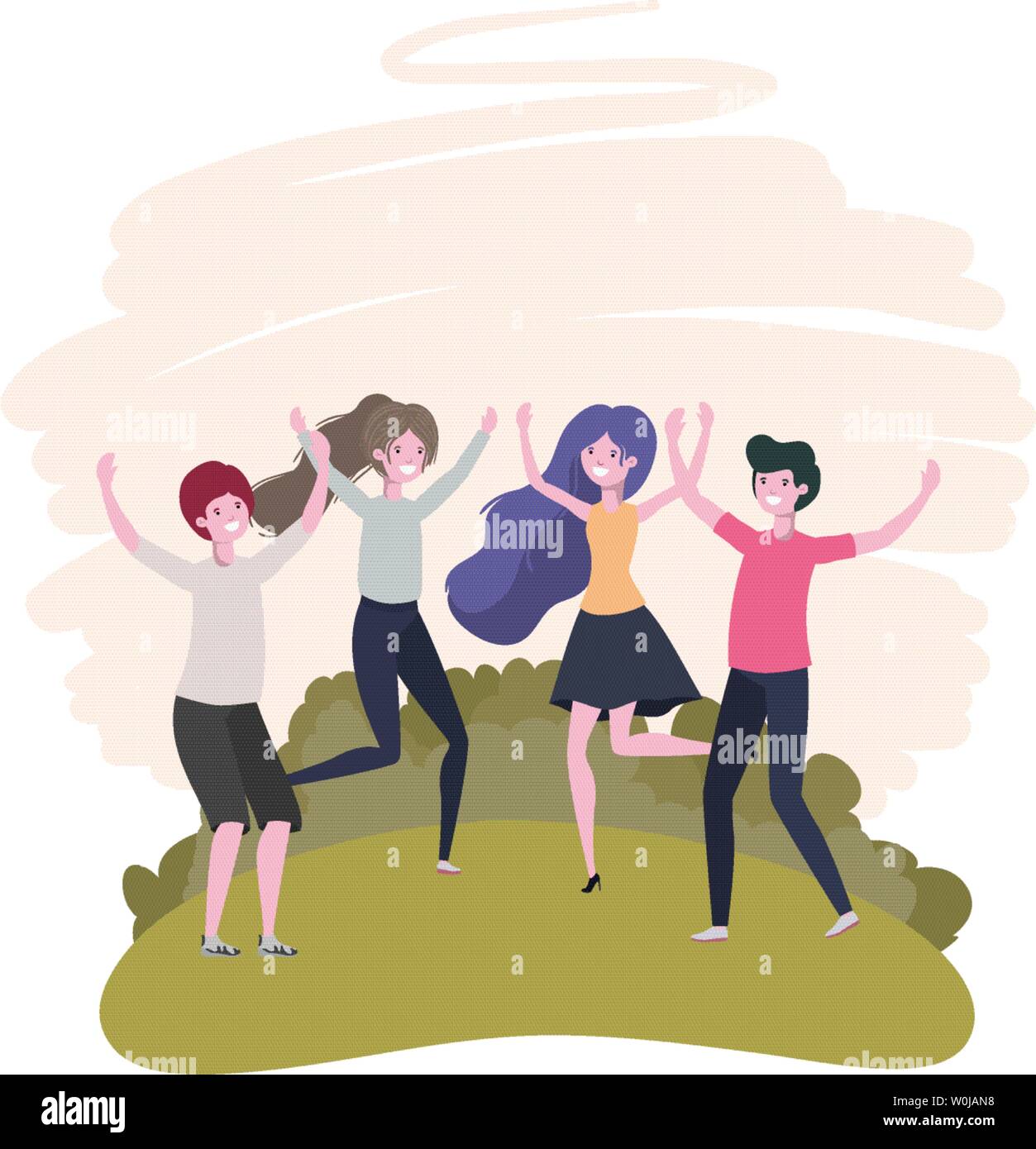 group of people dancing in landscape with trees and plants Stock Vector ...