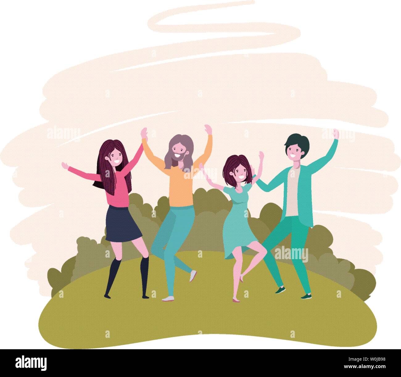 group of people dancing in landscape with trees and plants Stock Vector ...