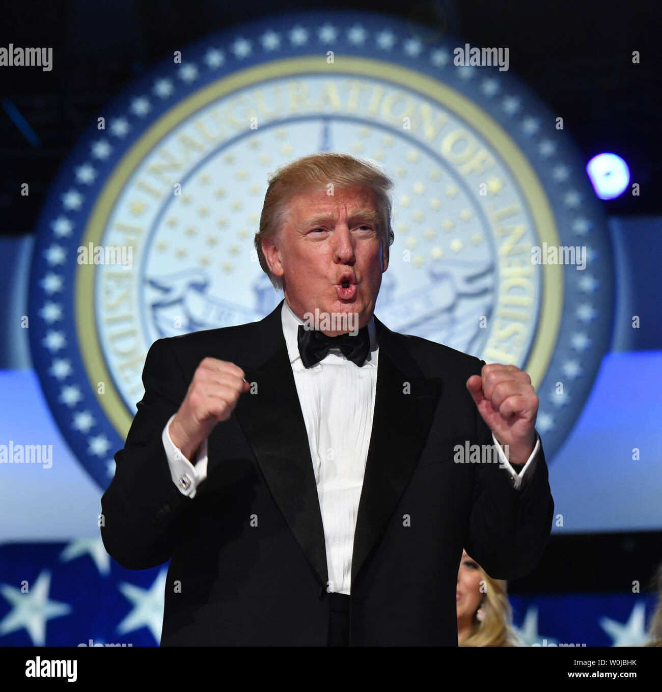 President Donald Trump appears at the Freedom Ball on January 20, 2017 ...