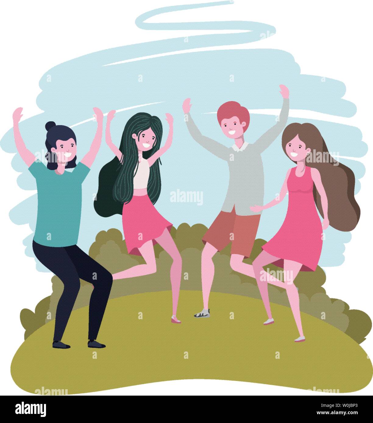 group of people dancing in landscape with trees and plants Stock Vector ...