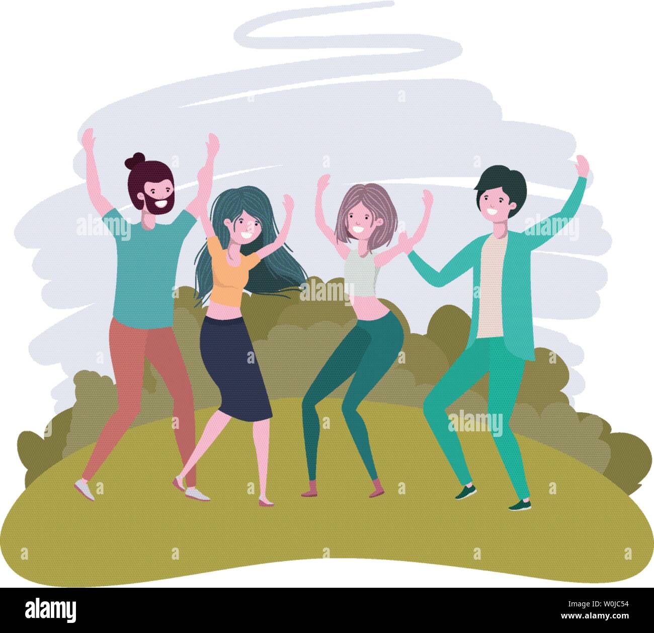 group of people dancing in landscape with trees and plants Stock Vector ...