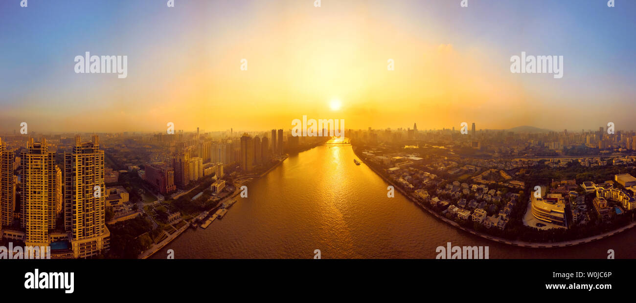 Aerial shot of sunset scenery in Guangzhou City, Guangdong Province ...