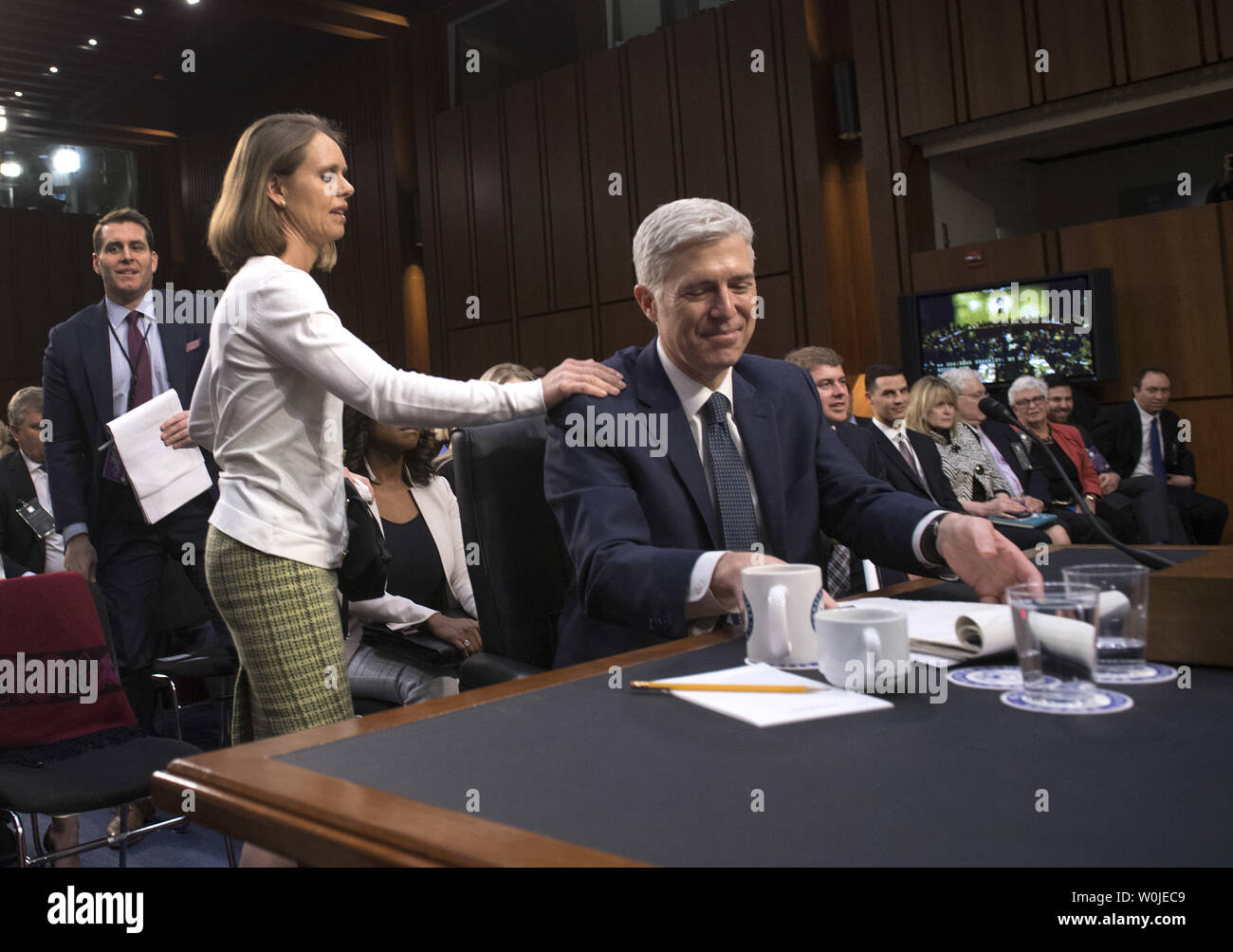 Supreme Court Justice nominee Neil Gorsuch talks with his wife Marie ...