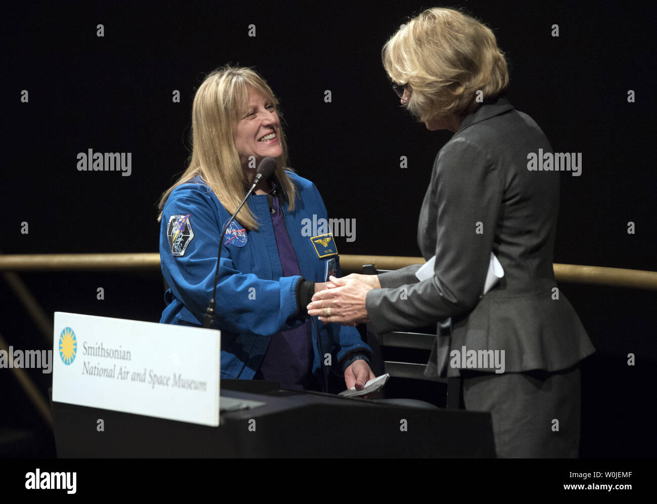 Education Secretary Betsy DeVos greets Kay Hire, NASA astronaut, before ...