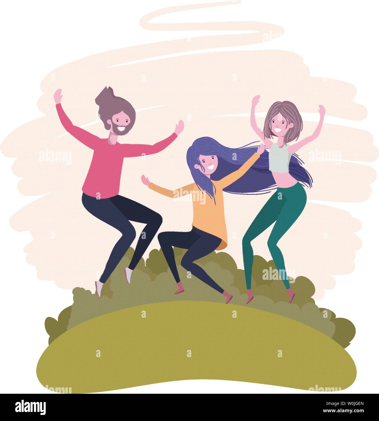 group of people dancing in landscape with trees and plants Stock Vector ...
