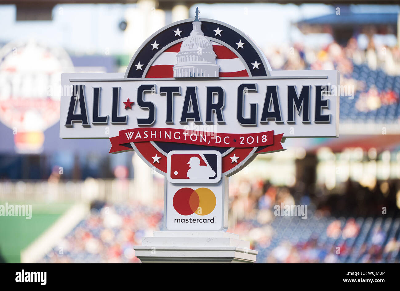 The MLB 2018 All-Star Logo is seen on the field during a pre-game ...