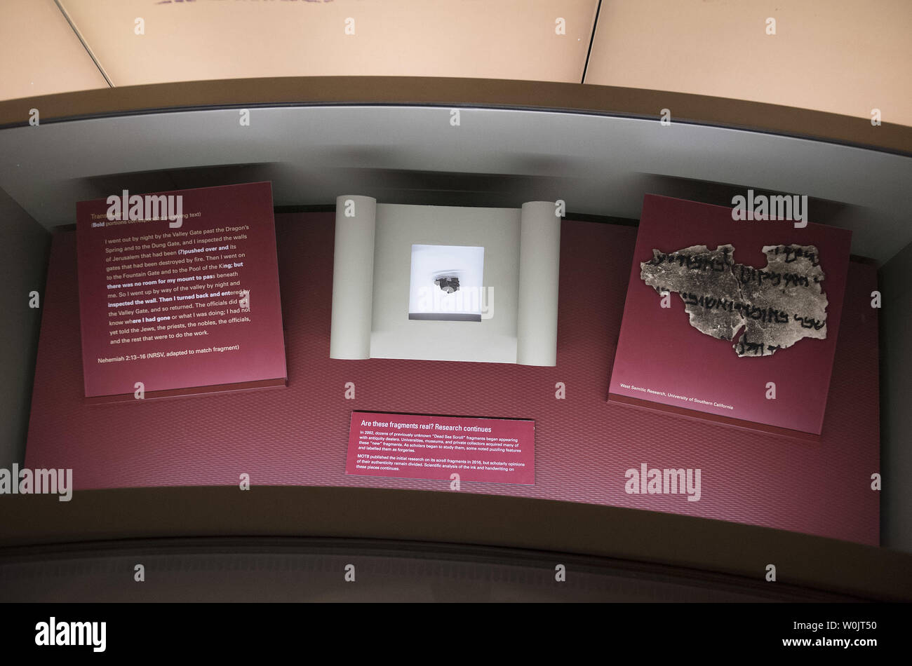 An exhibit on the Dead Sea Scrolls is seen during a preview of the soon ...