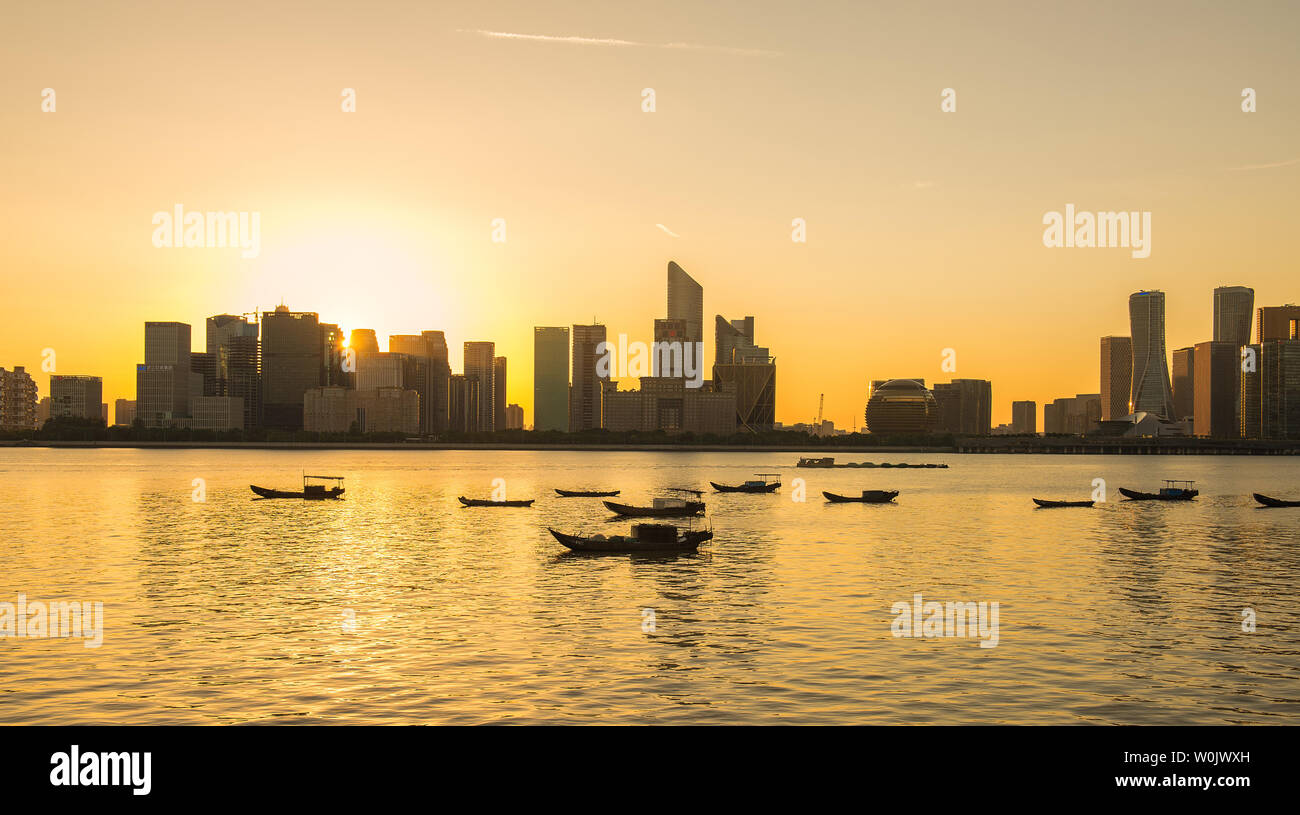 Hangzhou Qianjiang New City City Night View Qiantang River from dusk to ...