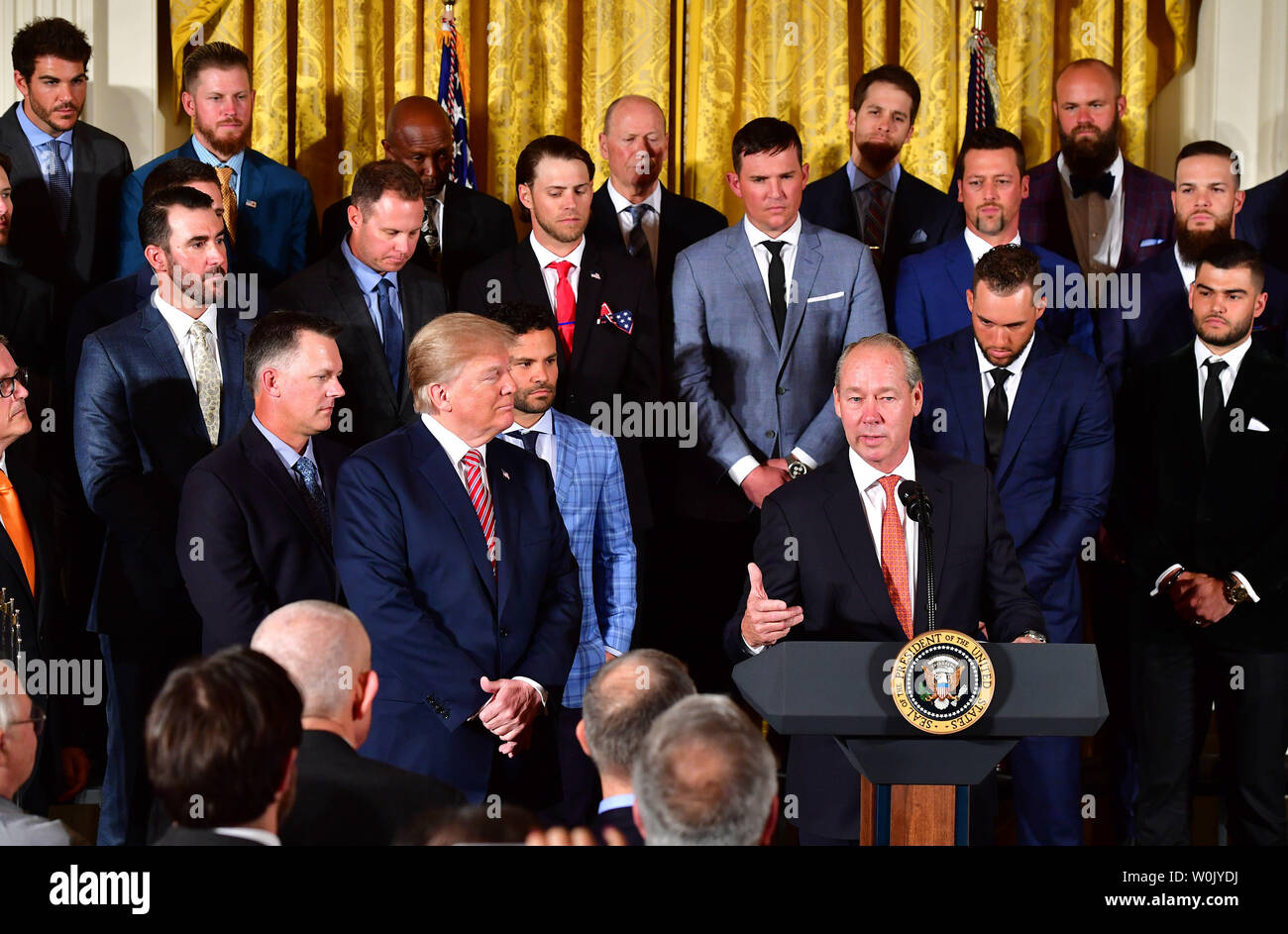 Houston Astros' owner Astros owner Jim Crane delivers remarks during ...