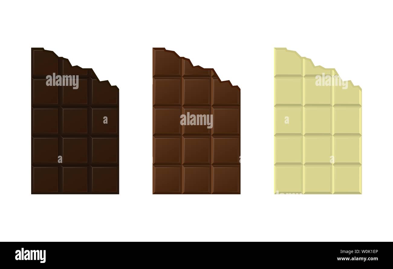 Dark, milk and white chocolate bar icons isolated. Bitten off chocolate ...