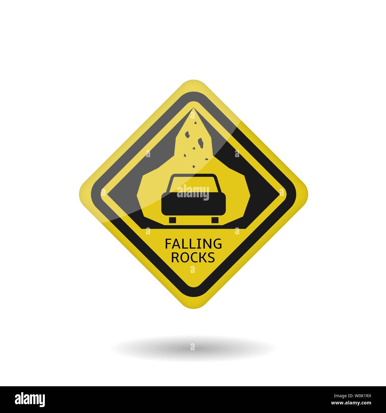 Yellow Falling rocks warning sign. Car and stones icon, Vector ...