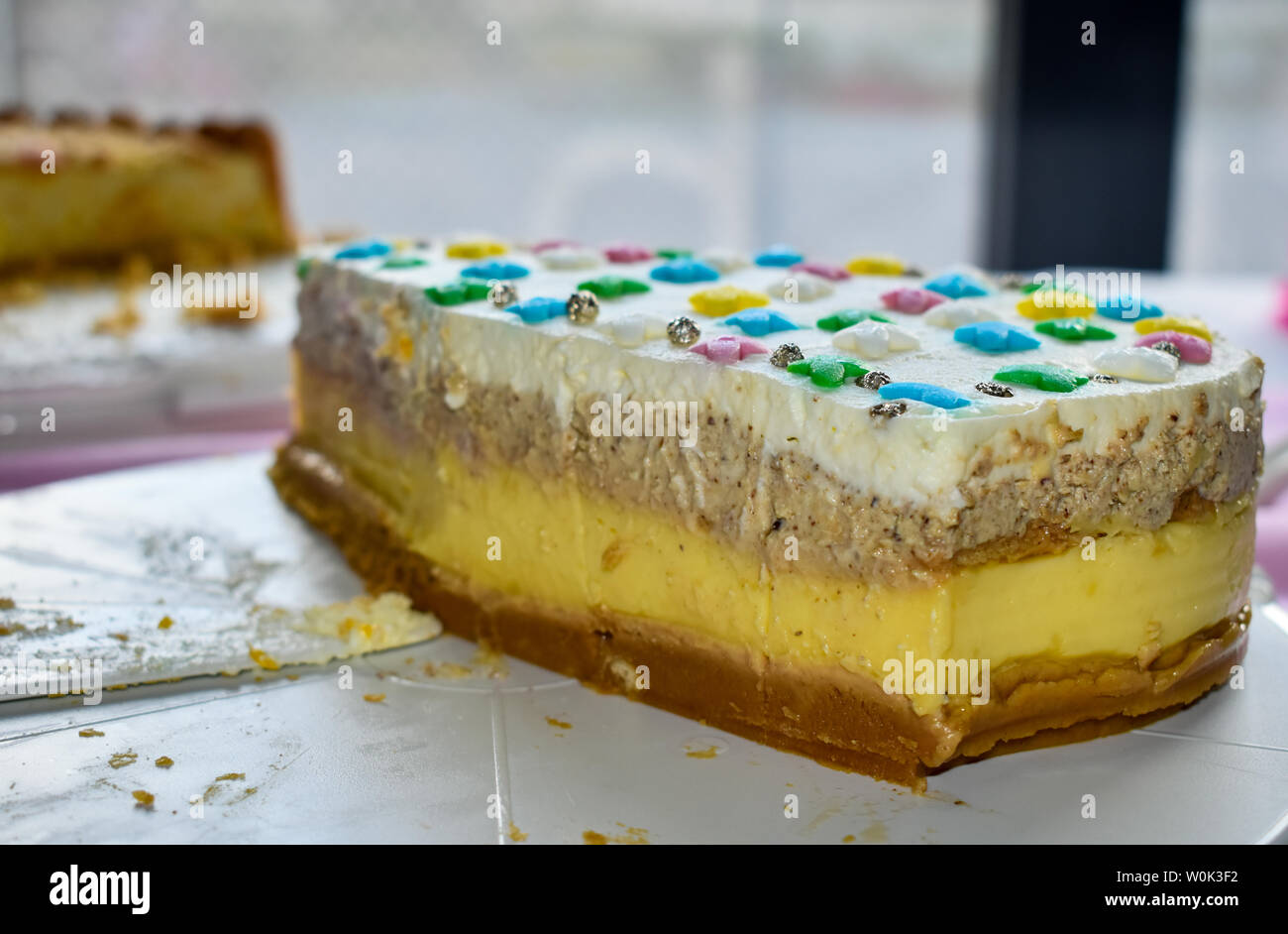 Slice of colorful birthday cake Stock Photo - Alamy