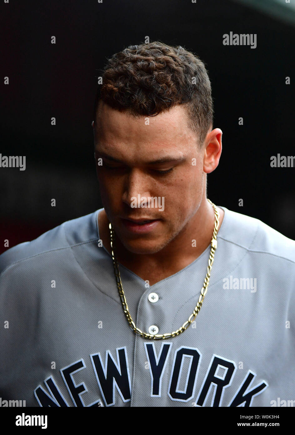 New York Yankees right fielder Aaron Judge (99) strikes out against the ...