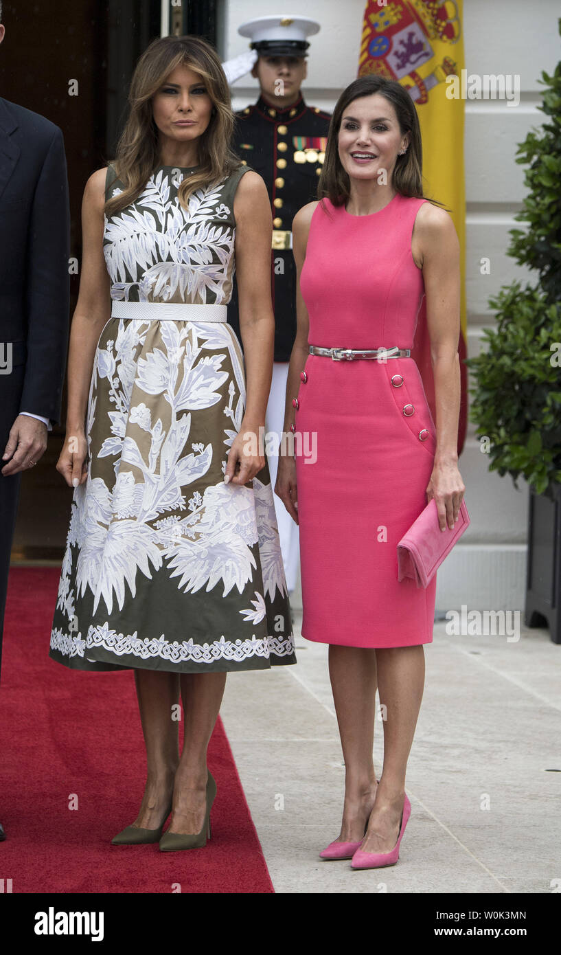 First Lady Melania Trump (L) stands next to Queen Letizia of Spain as ...