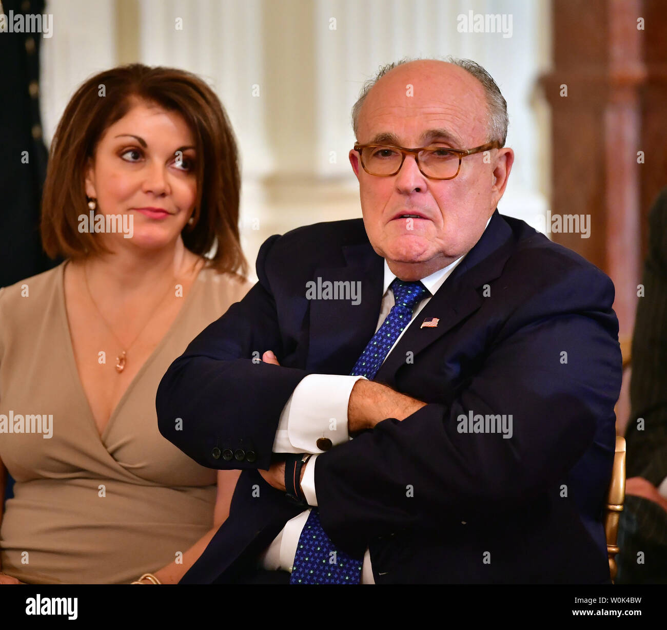 Rudy Giuliani (R) and Jennifer LeBlanc wait for President Donald Trump ...