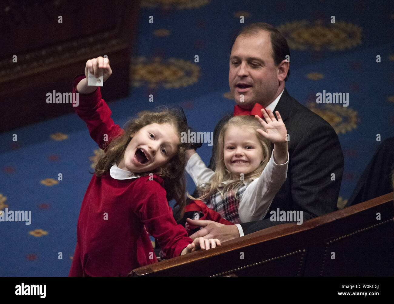 Rep. Andy Barr, R-KY, sits with his daughters Eleanor and Mary Clay as ...