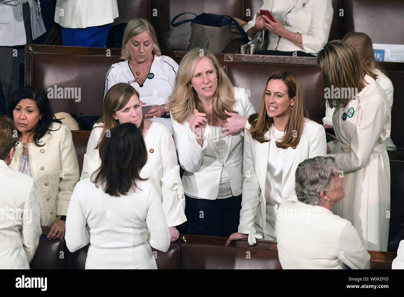 Congresswomen wearing white in honor of women's suffrage, chat before ...