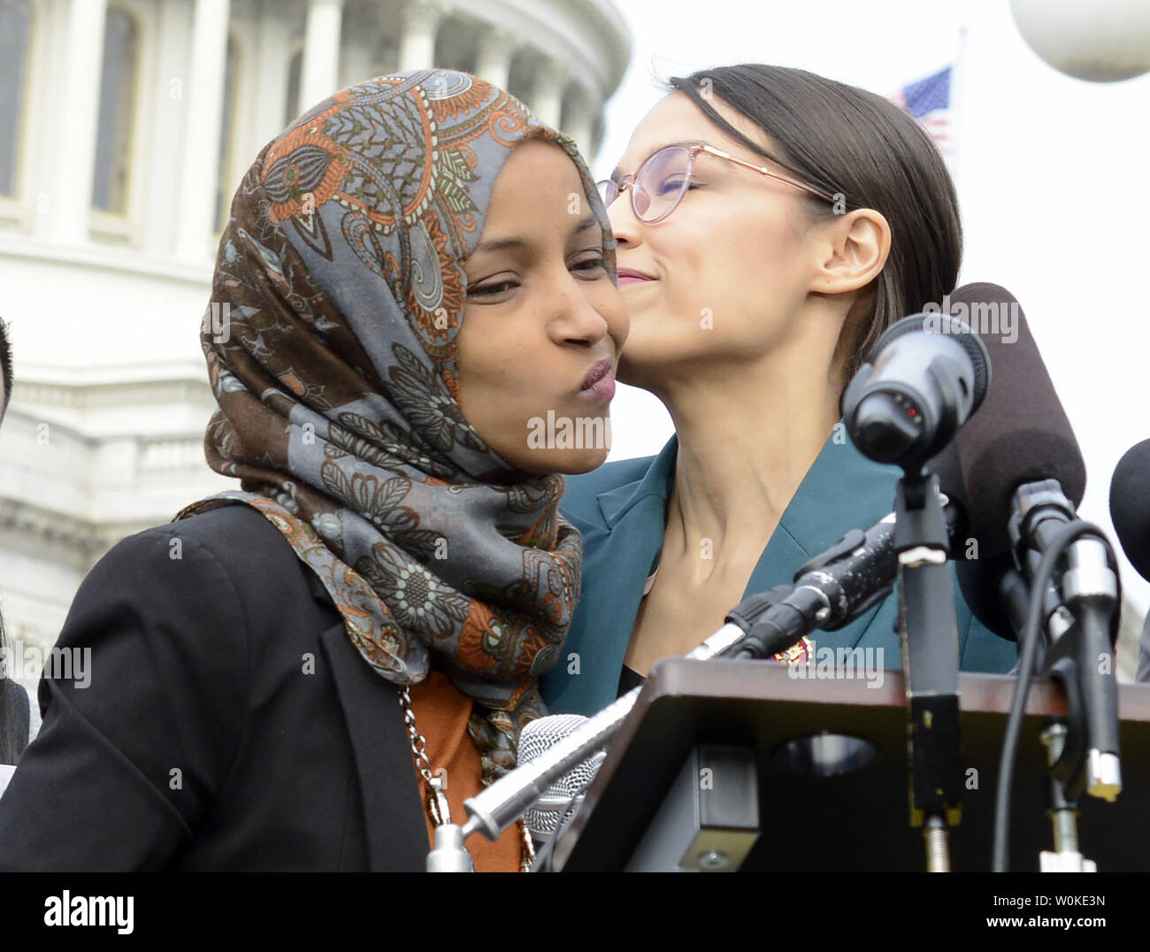 Rep Alexandria Ocasio Cortez Of New York R Embraces Rep Ilhan Omar