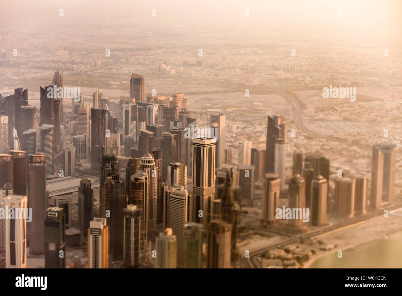 Downtown aerial view of Doha, Qatar taken through tilt shift lens Stock ...
