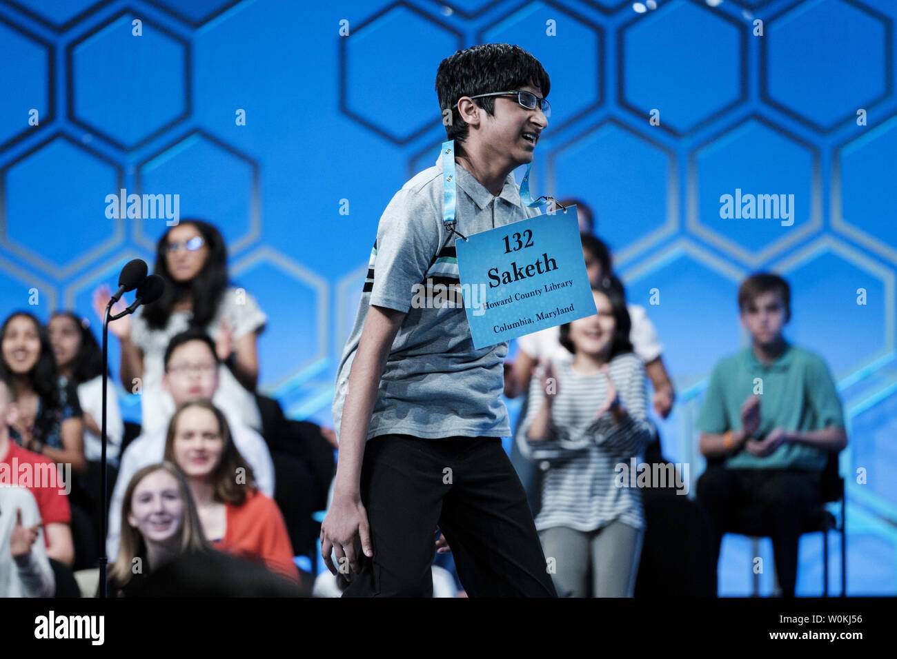 Saketh Sundar, 13, of Clarksville, Maryland, celebrates becoming one of ...