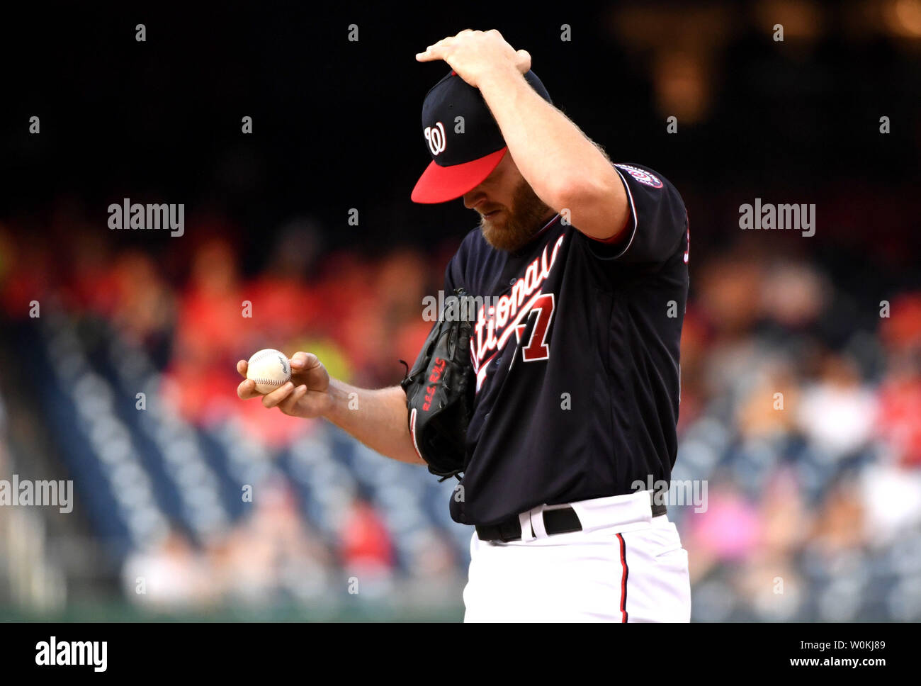 Washington Nationals starting pitcher Stephen Strasburg (37) reacts in ...