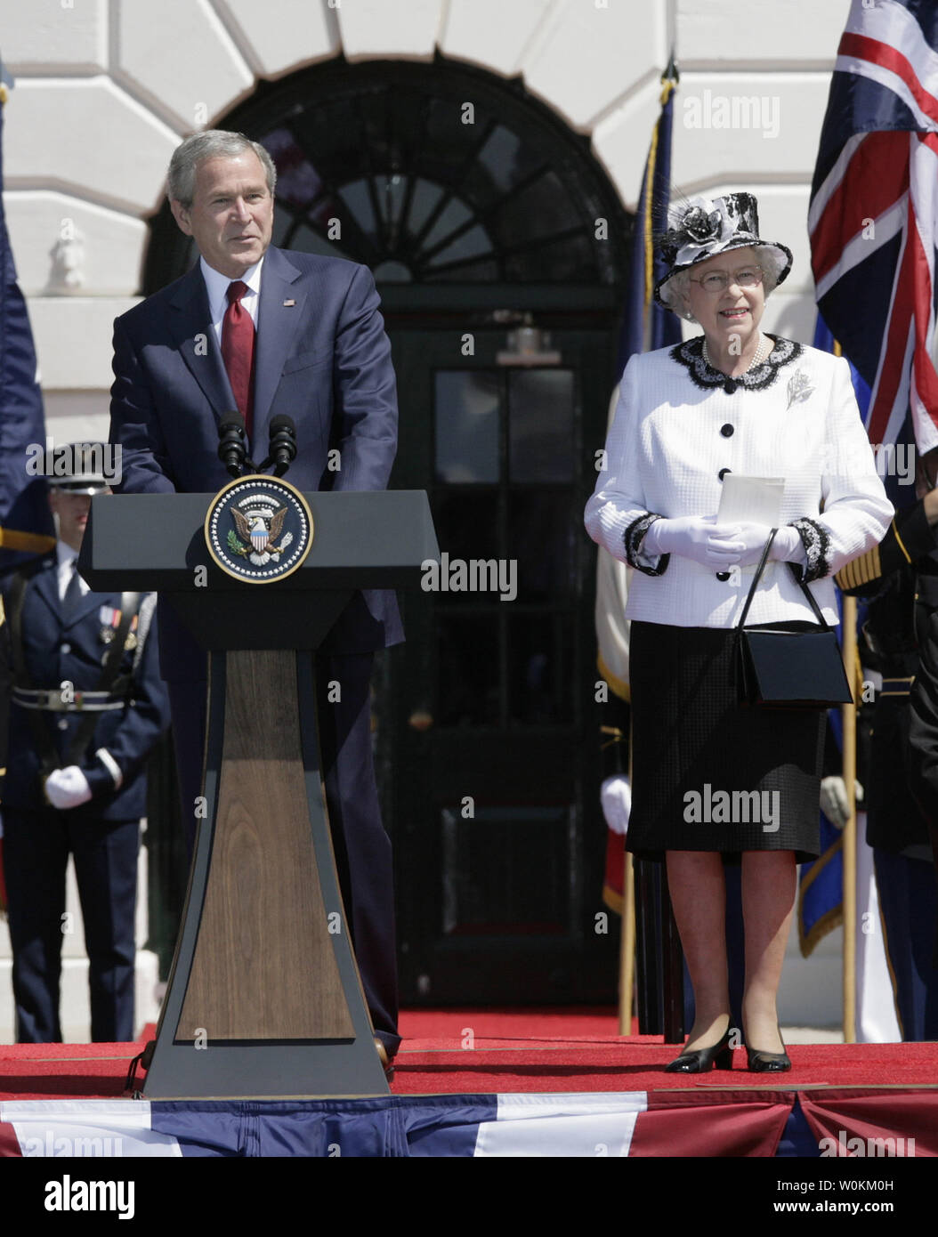 U.S. President George W. Bush speaks during an arrival of Britain's ...