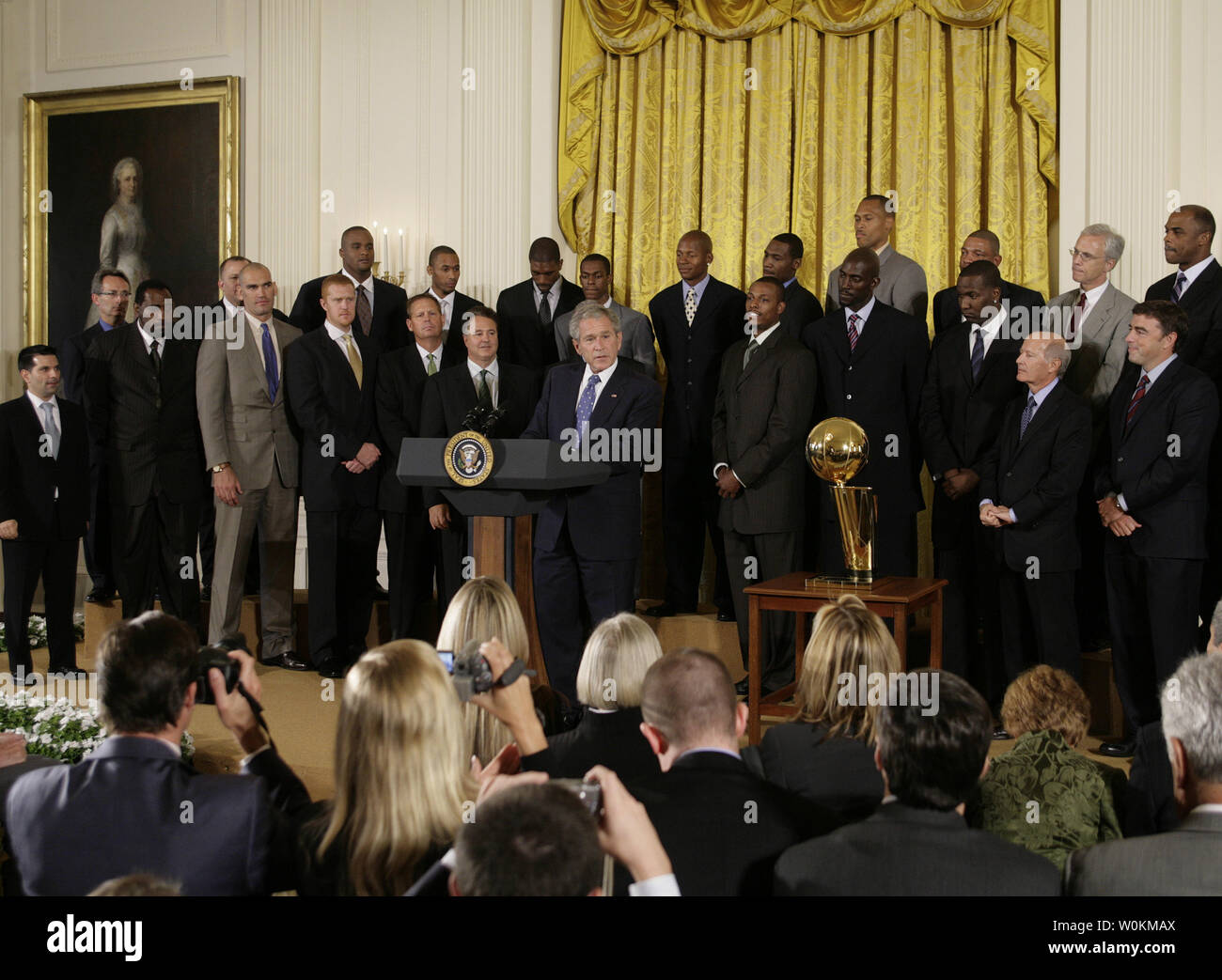 U.S. President George W. Bush speaks in front of NBA Basketball ...