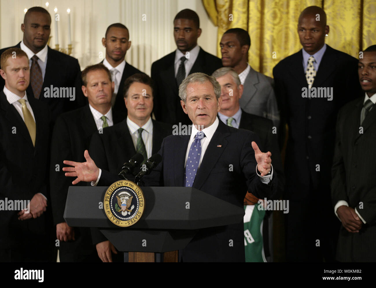 U.S. President George W. Bush speaks in front of NBA Basketball ...