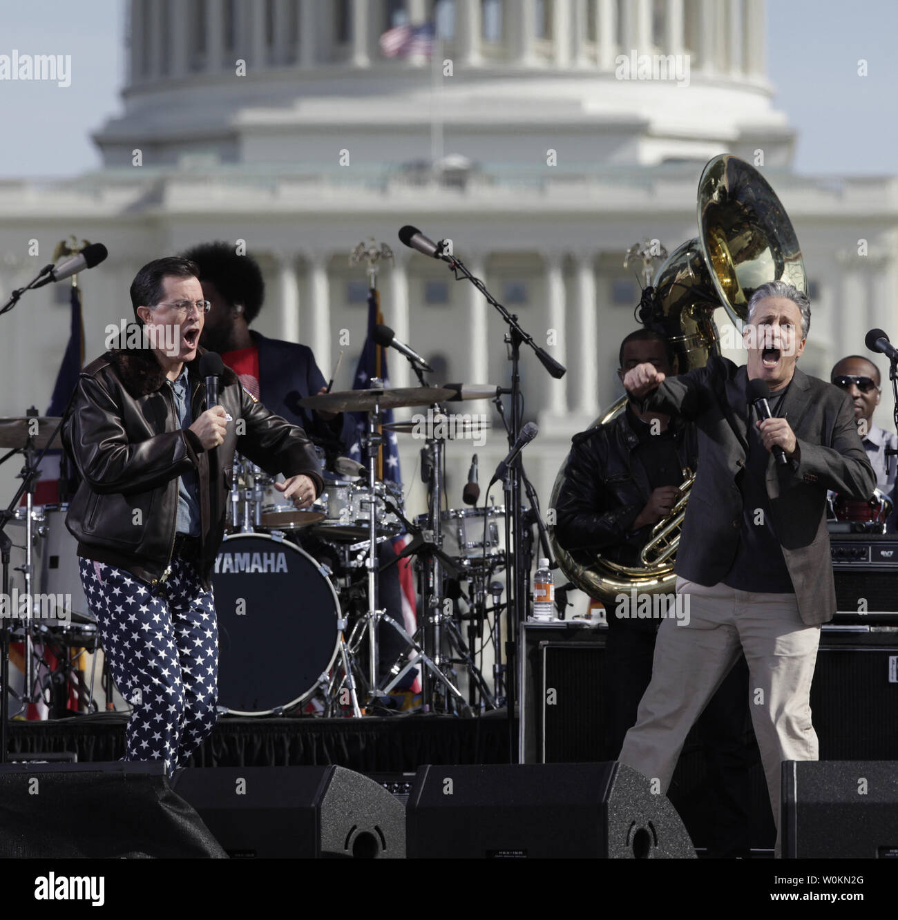 Comedy Central comedians Jon Stewart (R) and Stephen Colbert (L ...