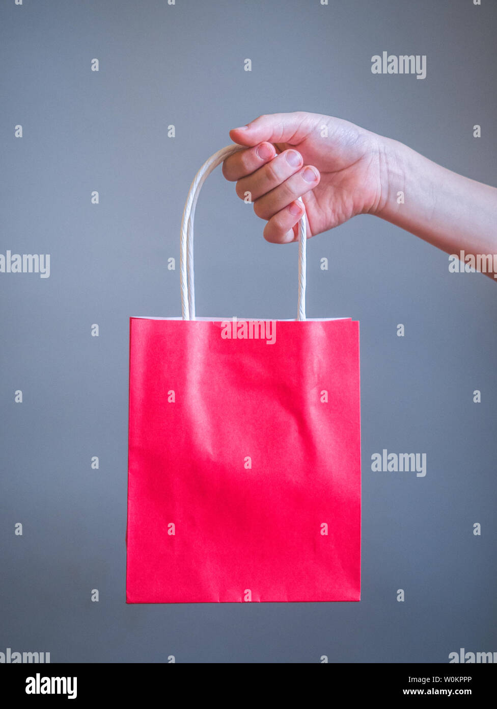 Hand holding red bag for mockup blank template isolated on gray ...
