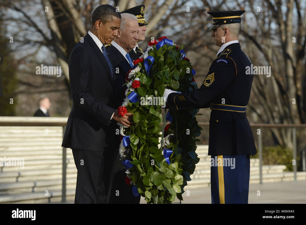 US President Barack Obama (front C), Vice President Joe Biden (back C ...