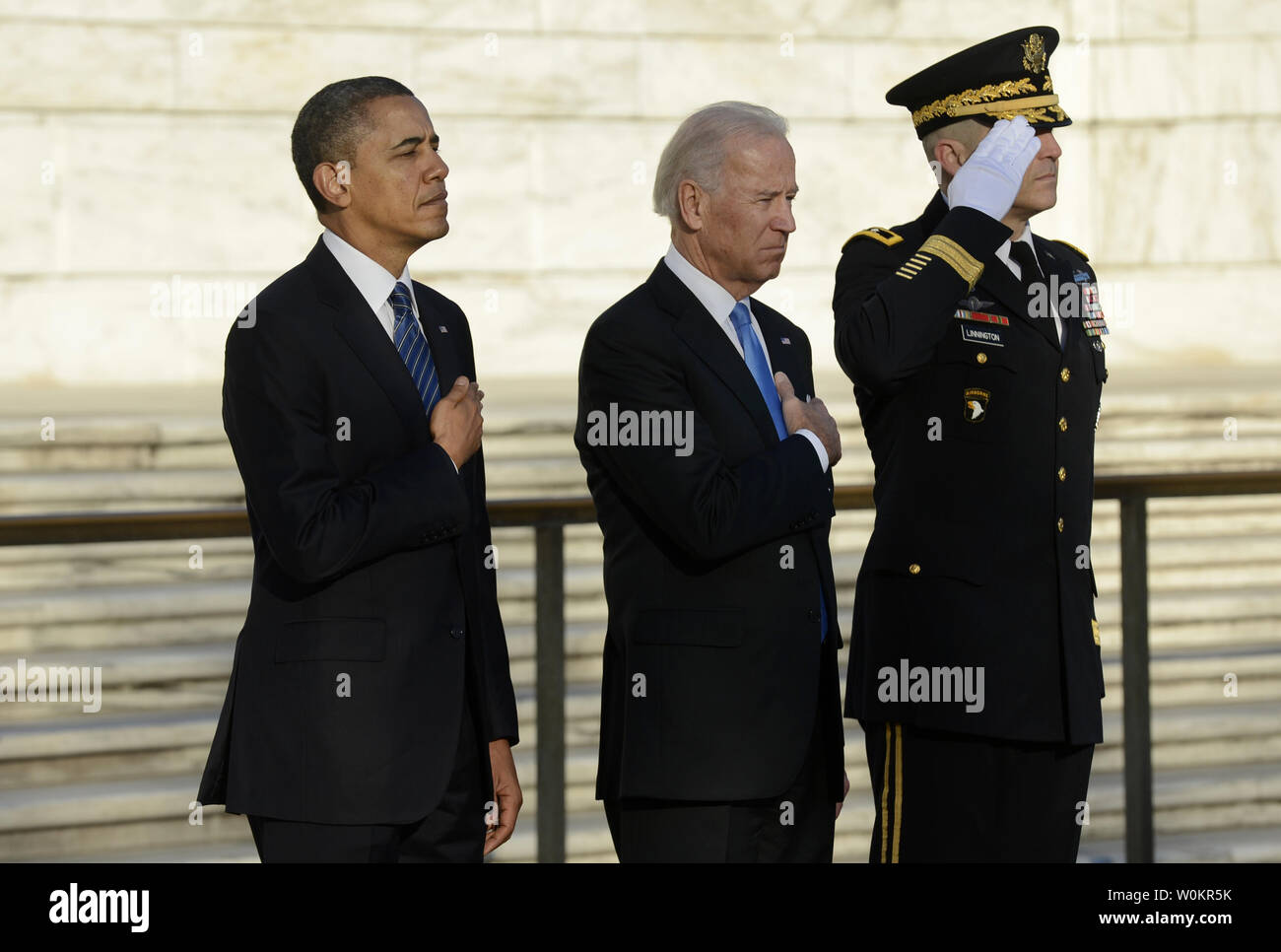 US President Barack Obama (front C), Vice President Joe Biden (back C ...