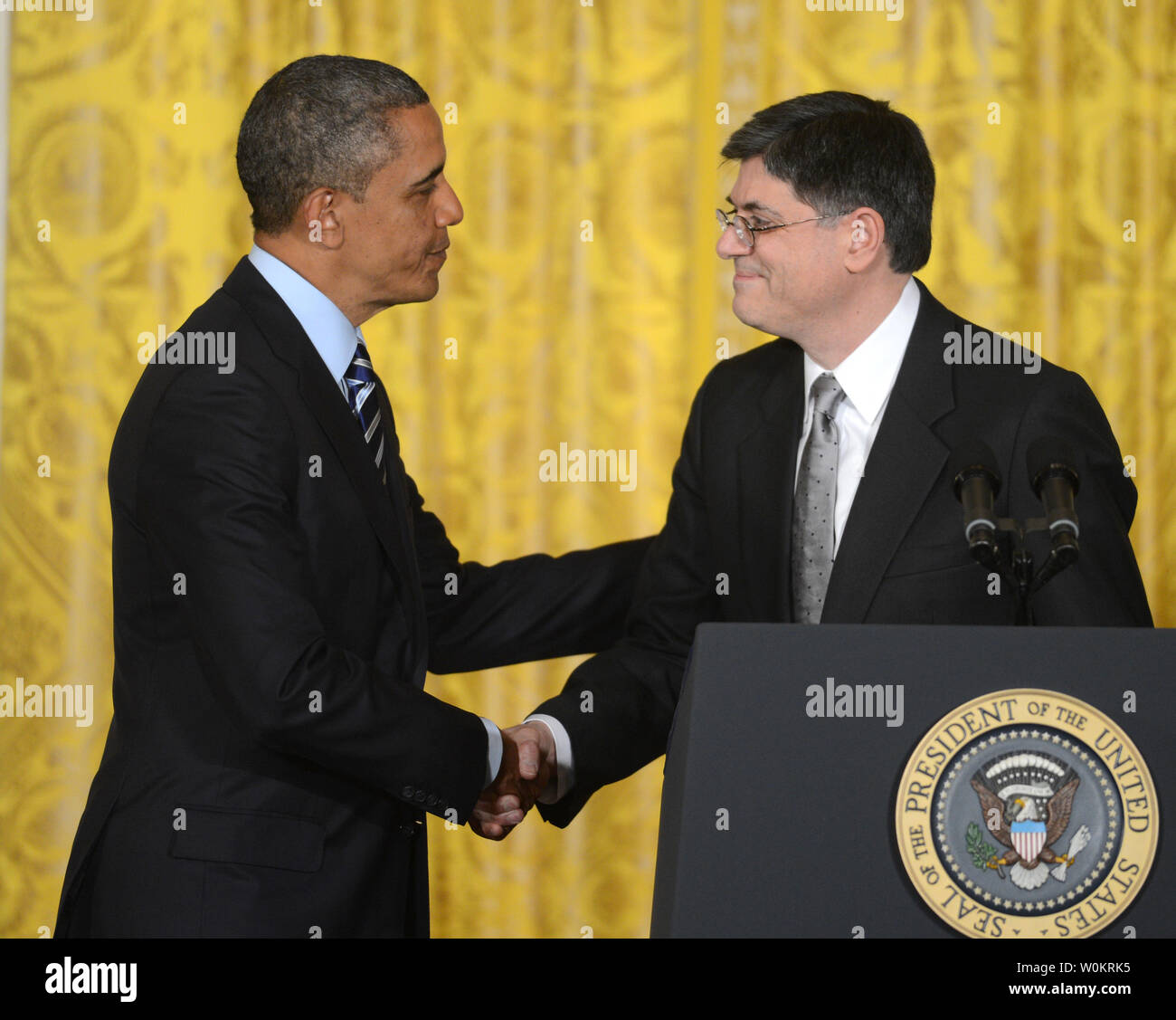 President Barack Obama shakes hands with Jack Lew who had just nominate ...