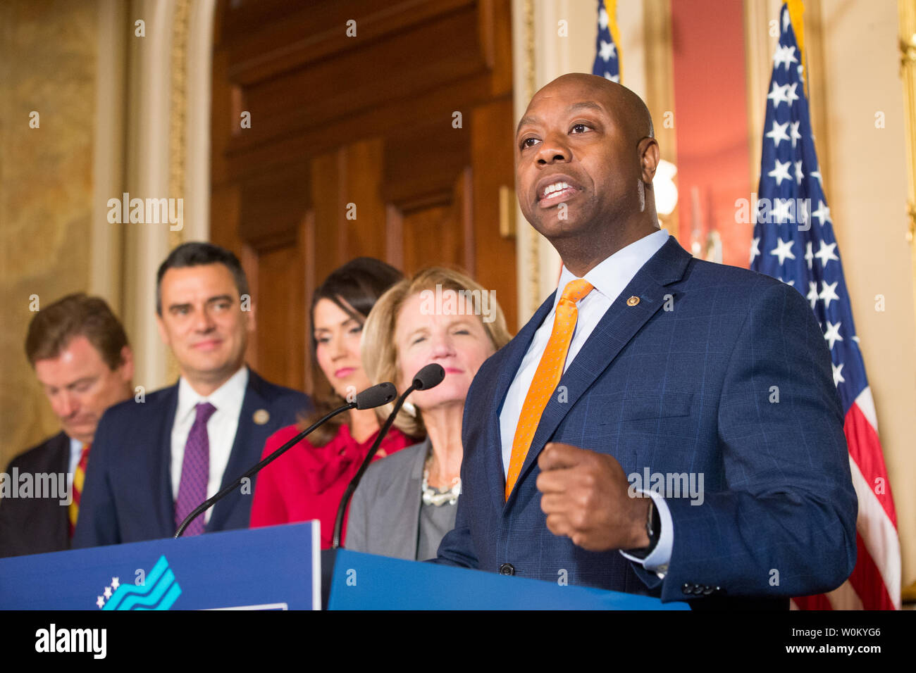 Sen. Tim Scott (R-S.C.) speaks at a news conference with Ivanka Trump ...