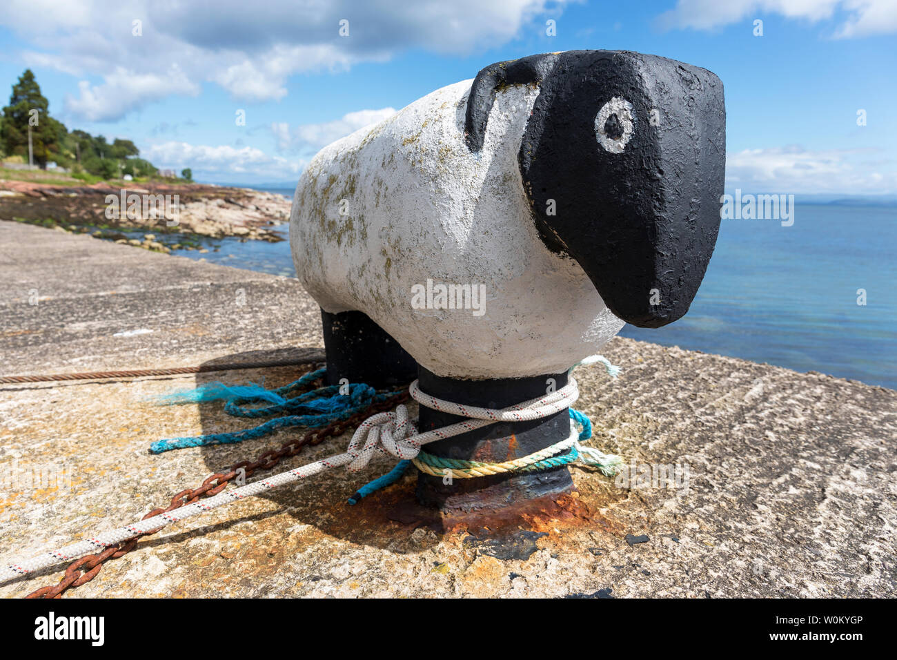 Harbour capstan in the shape of a sheep, Corrie pier, Isle of Arran ...