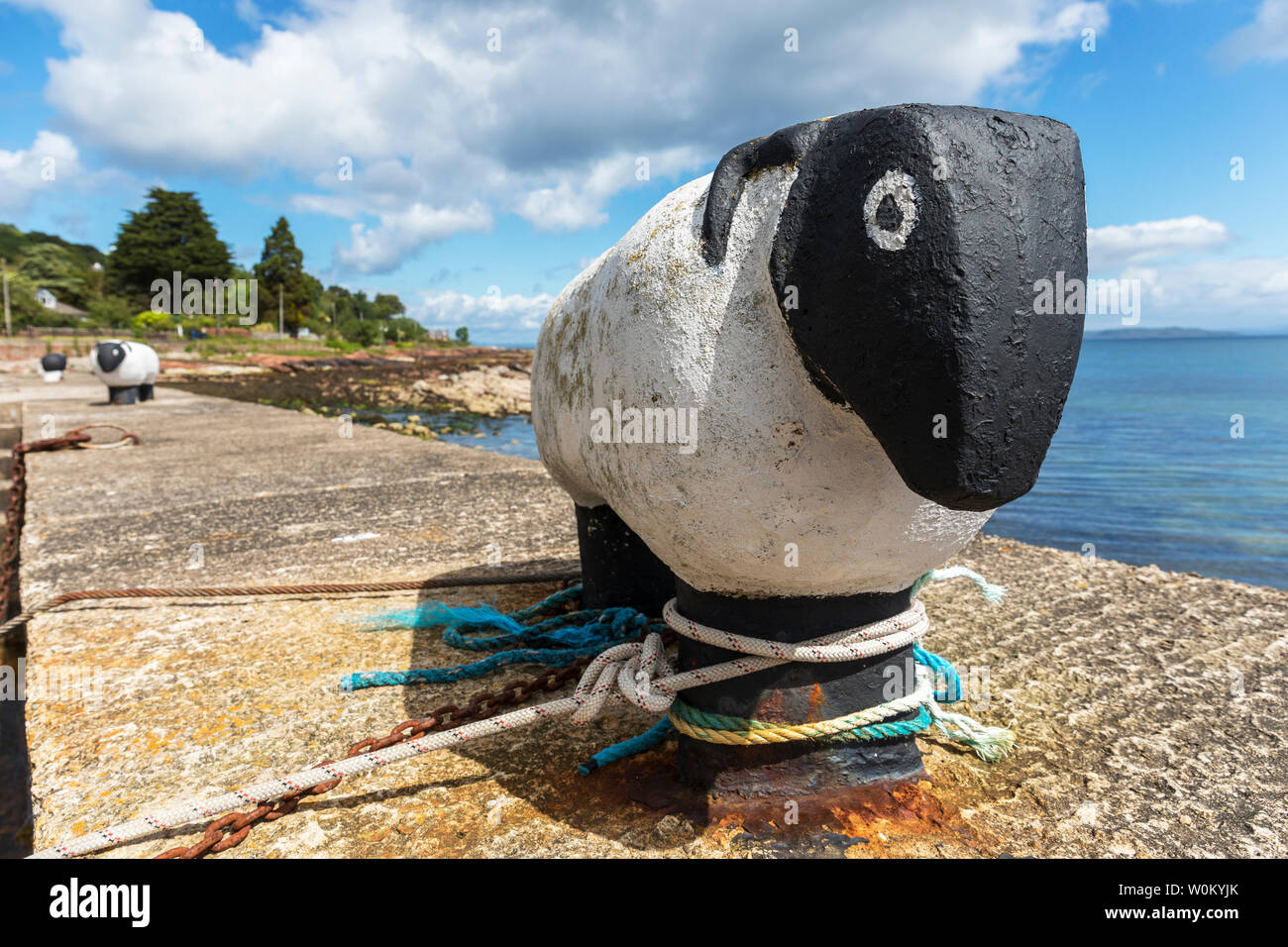Harbour capstan in the shape of a sheep, Corrie pier, Isle of Arran ...