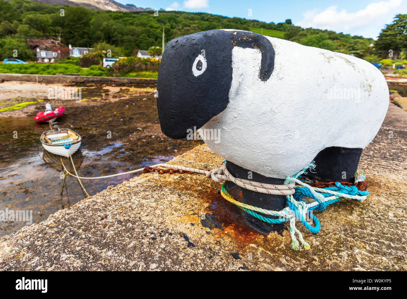Harbour capstan in the shape of a sheep, Corrie pier, Isle of Arran ...