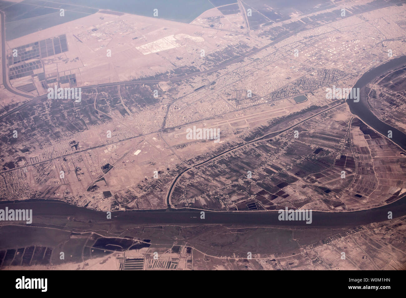 Aerial view of the Iran, Iraq border along the Shatt al-Arab river with ...