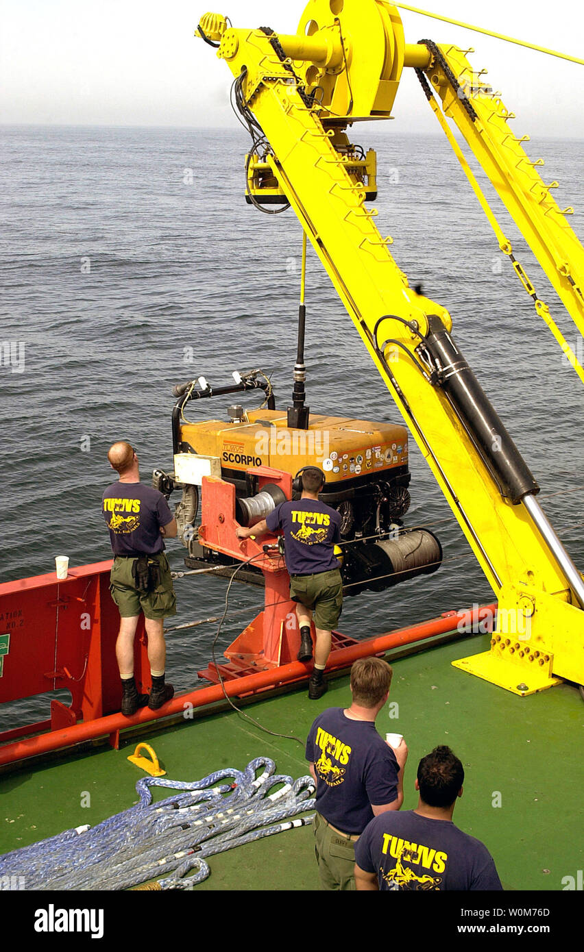 The "Super Scorpio" remote operated vehicle (ROV) is recovered aboard ...