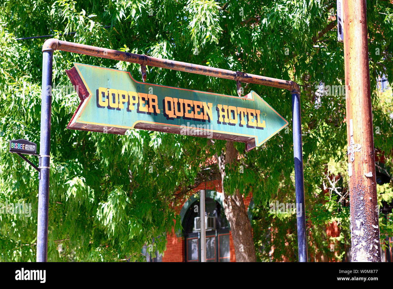 Overhead arrow sign pointing to the Copper Queen Hotel in downton ...