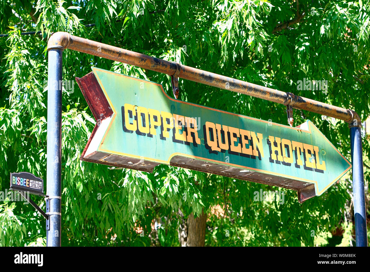 Overhead arrow sign pointing to the Copper Queen Hotel in downton ...