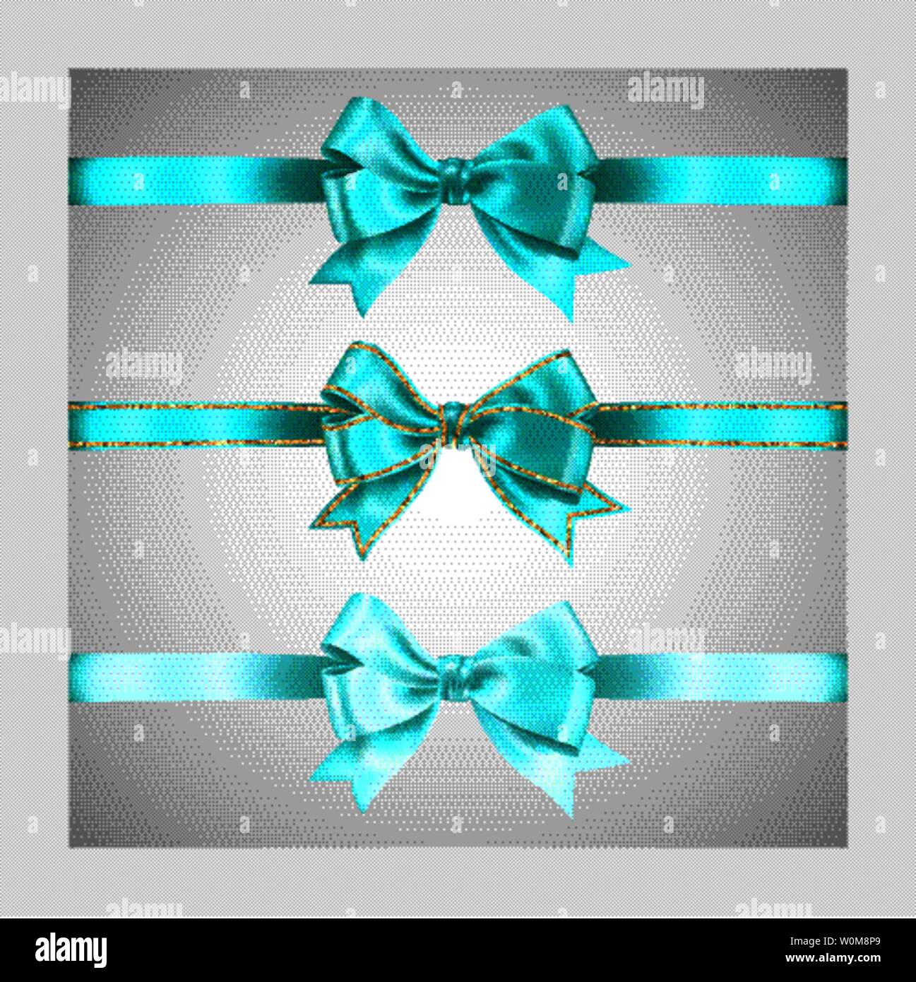 Set of three realistic light blue silk ribbon bow with gold glitter shiny stripes, vector ...