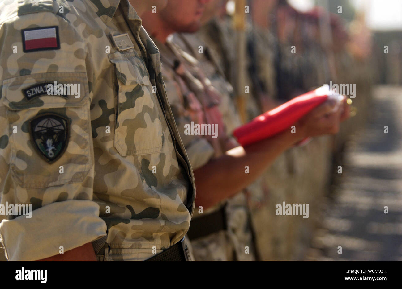 Members of the Polish Army Honor Guard stand in formation as they ...