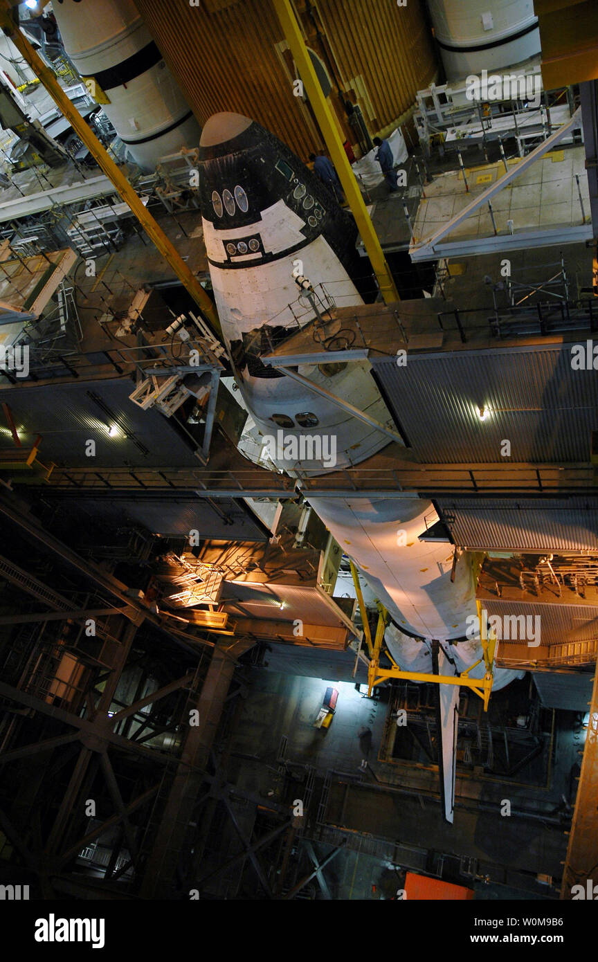 In high bay 3 of the Vehicle Assembly Building, the orbiter Atlantis ...