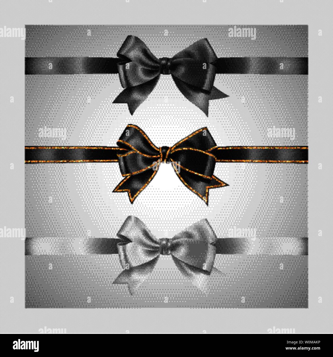 Set of three realistic gray black and white silk ribbon bow with gold ...